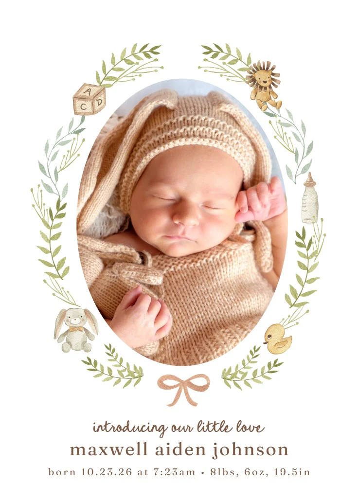 Watercolor Botanical Border - Birth Announcement | Greetings Island