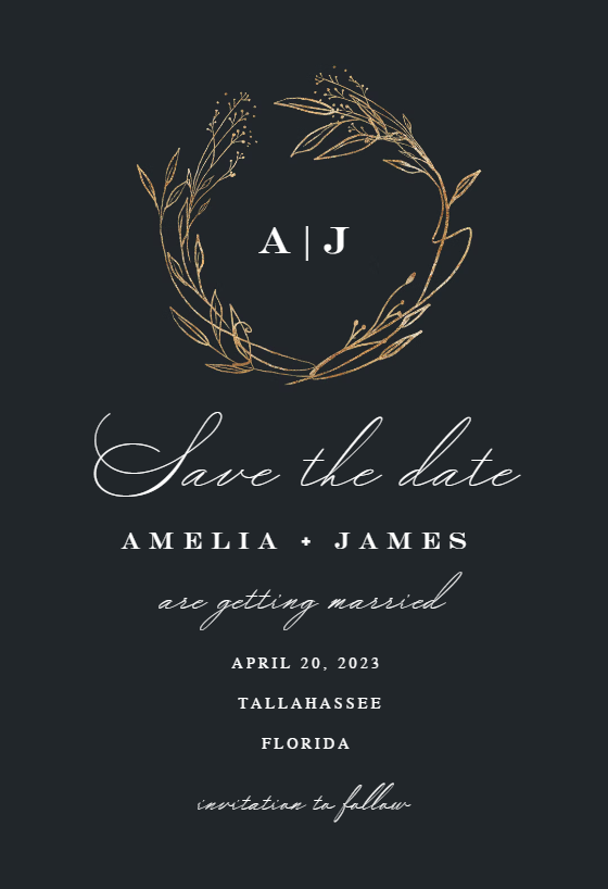 Monogram Golden Wreath - Save The Date Card Template | Greetings Island