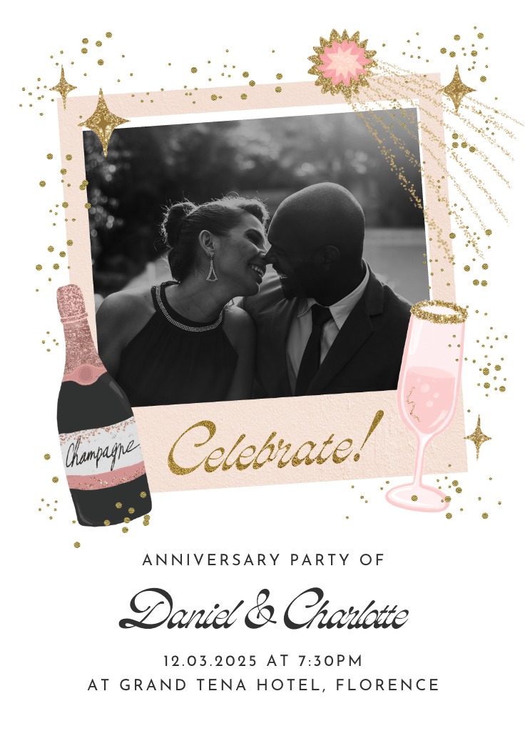 Polaroid Champagne - Anniversary Invitation Template | Greetings Island