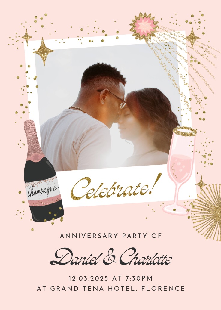 Polaroid Champagne - Anniversary Invitation Template | Greetings Island