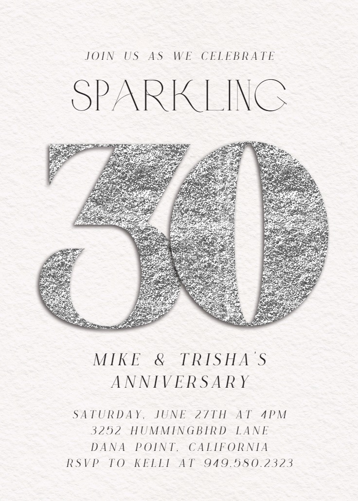 Shimmering 30th - Anniversary Invitation Template | Greetings Island