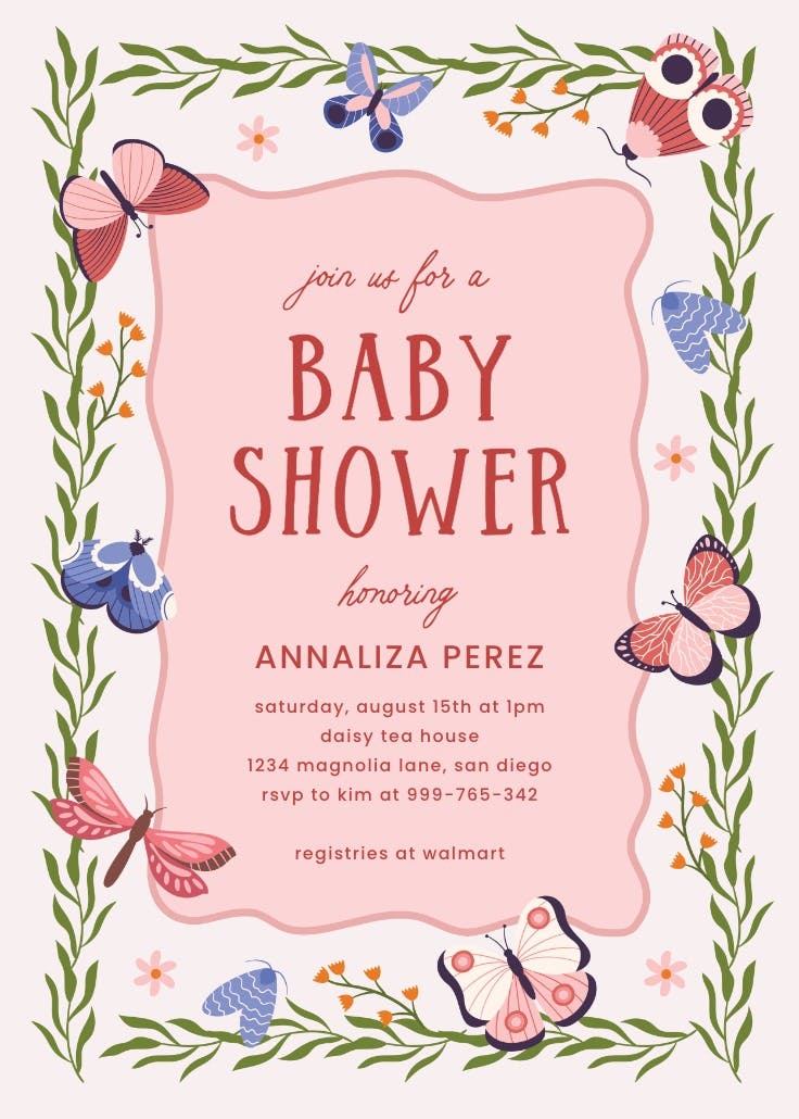 Flutterby Baby - Baby shower invitation Template (Free) | Greetings Island