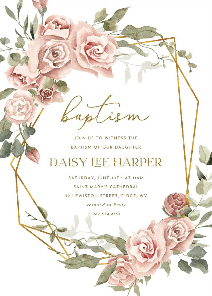 Dusty Pink Rose Gold Border - Baptism & Christening Invitation Template ...