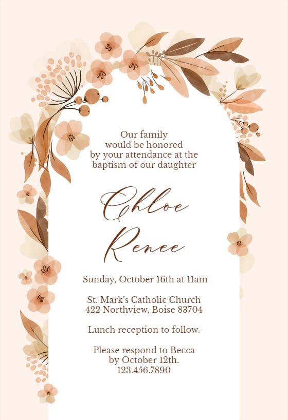 Fall Floral Arch - Baptism & Christening Invitation Template ...