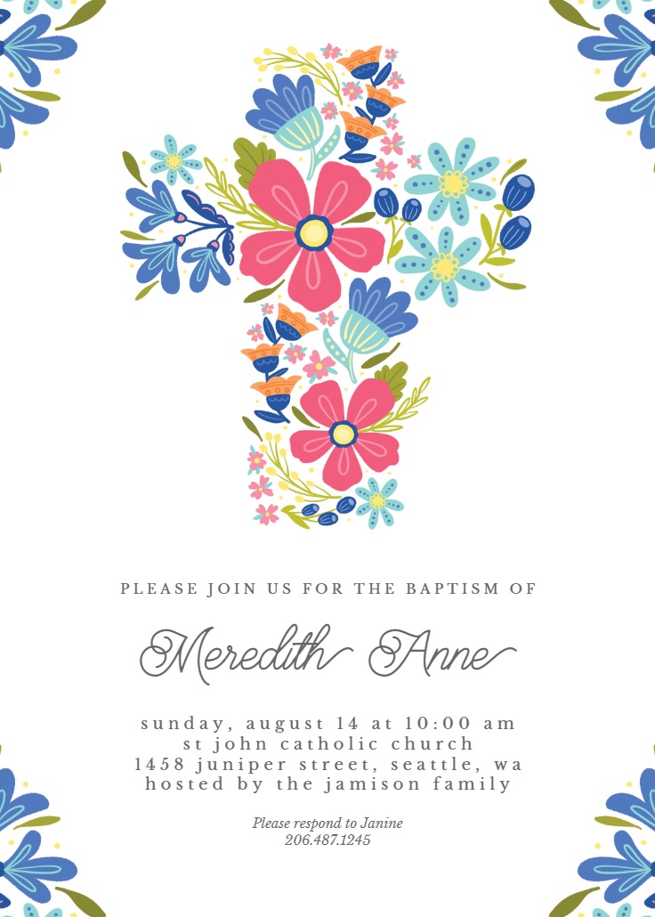 Floral Cross - Baptism & Christening Invitation Template | Greetings Island