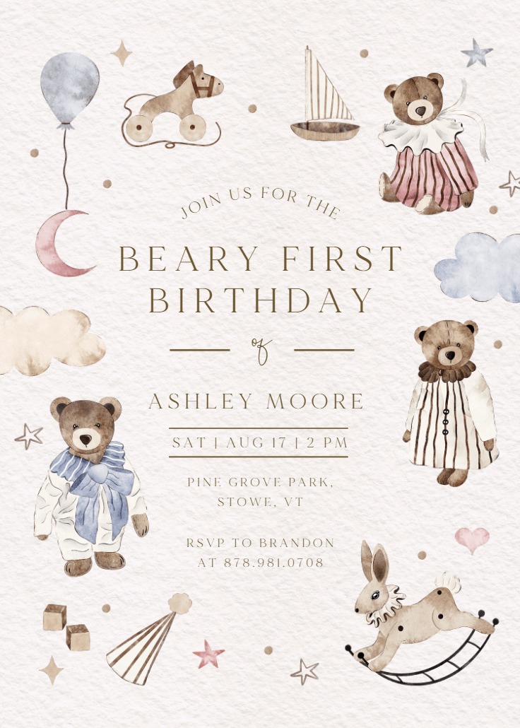 Beary Sweet - 1st Birthday Invitation Template | Greetings Island