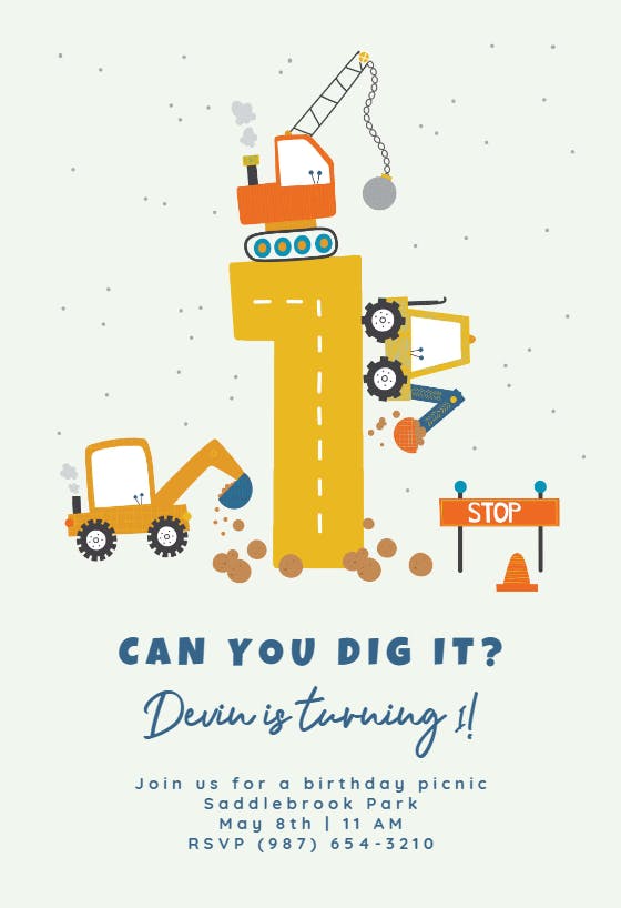 First Dig It Construction 1st Birthday Invitation Template Free