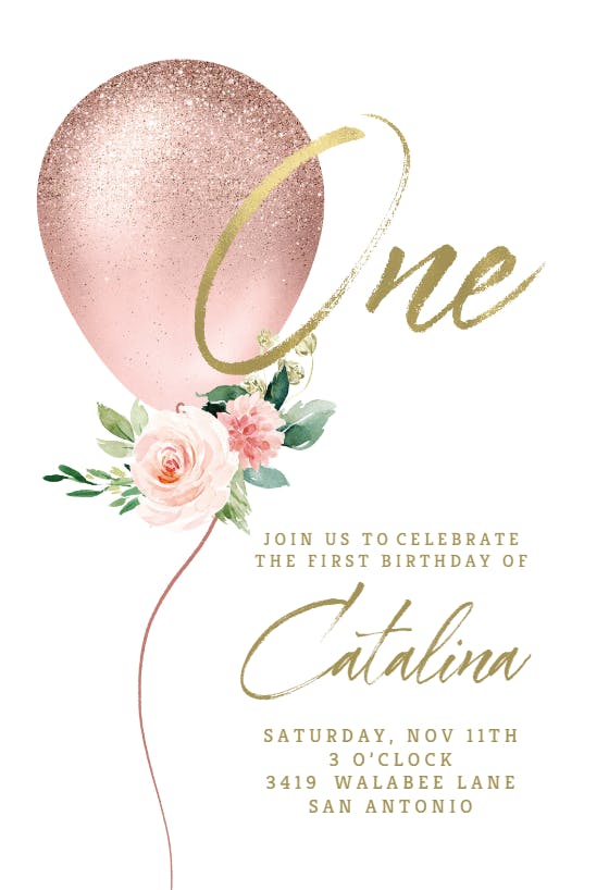 Floral Glitter Balloon 1st Birthday Invitation Template Greetings