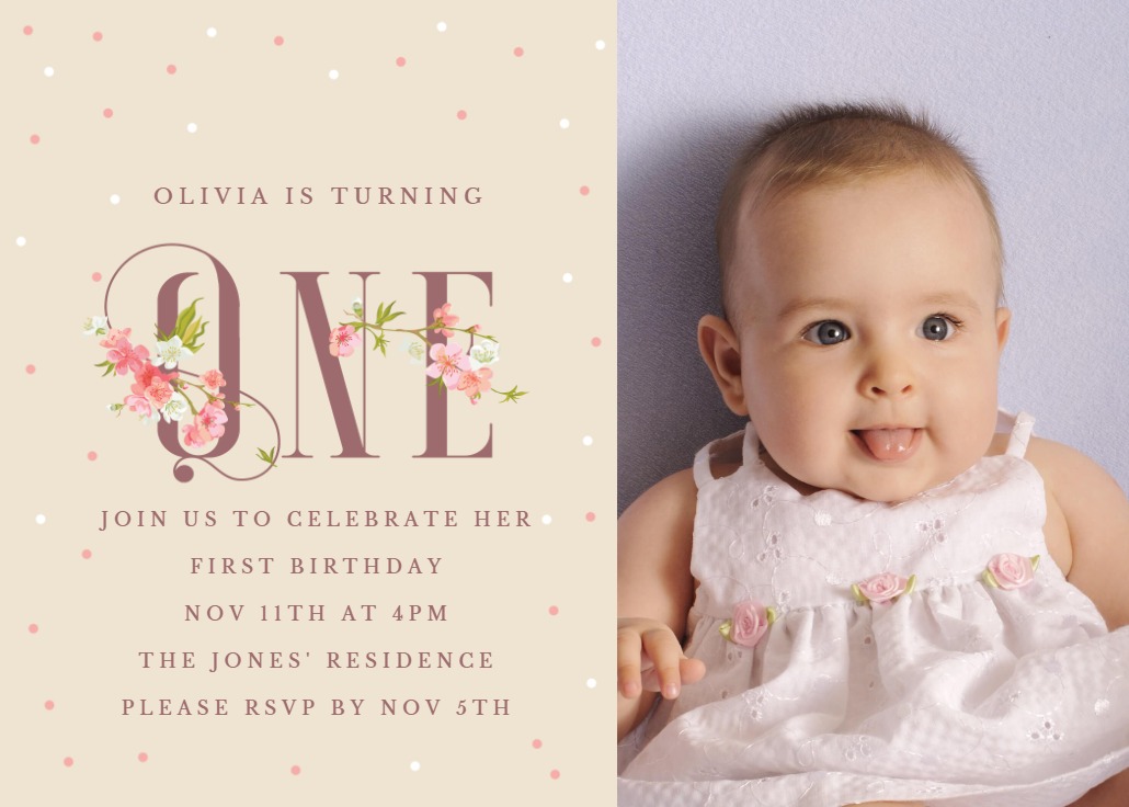 ONE floral letters - 1st Birthday Invitation Template | Greetings Island