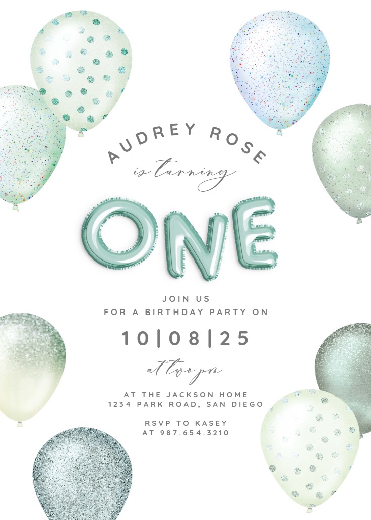 Foil & Glitter balloons - 1st Birthday Invitation Template | Greetings ...
