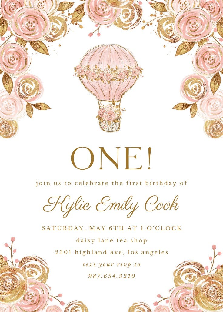 Glitter Hot Air Balloon 1st Birthday Invitation Template Greetings