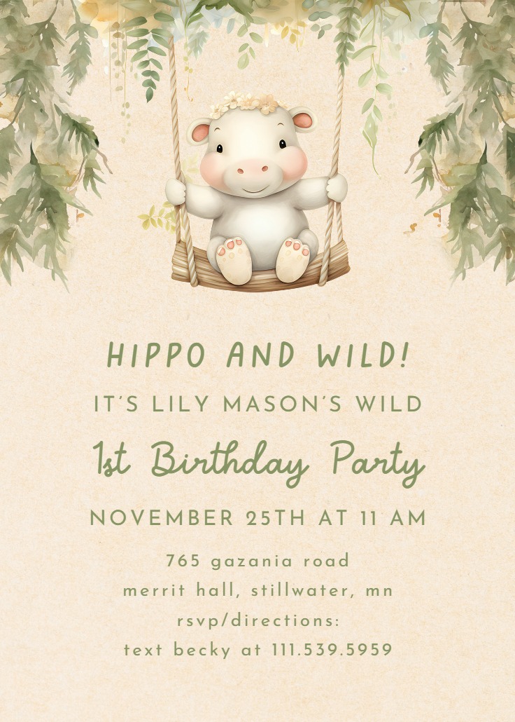 Hippo and Wild - 1st Birthday Invitation Template (Free) | Greetings Island