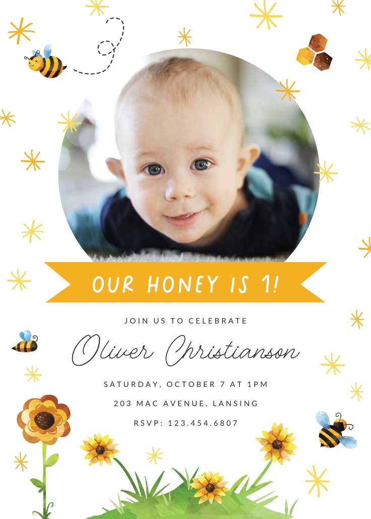 Honey Bee - 1st Birthday Invitation Template (Free) | Greetings Island