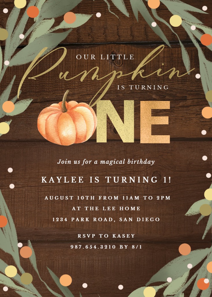 Little pumpkin turning one - 1st Birthday Invitation Template ...