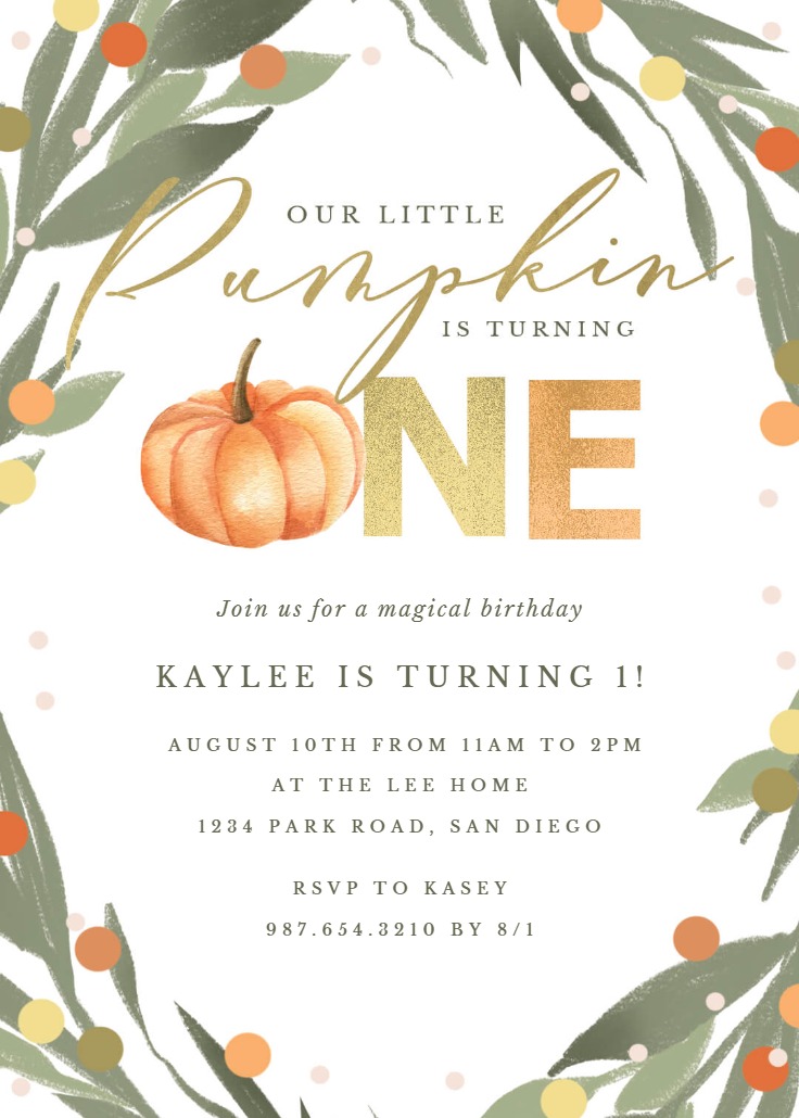 Little pumpkin turning one - 1st Birthday Invitation Template ...