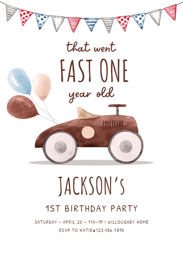 Road Rally - 1st Birthday Invitation Template | Greetings Island