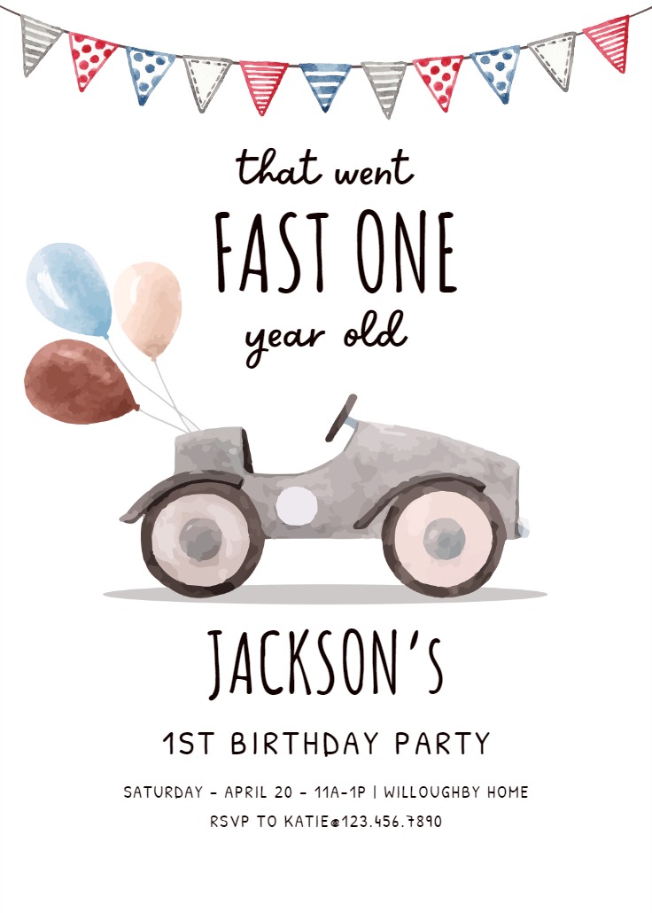 Road Rally - 1st Birthday Invitation Template | Greetings Island