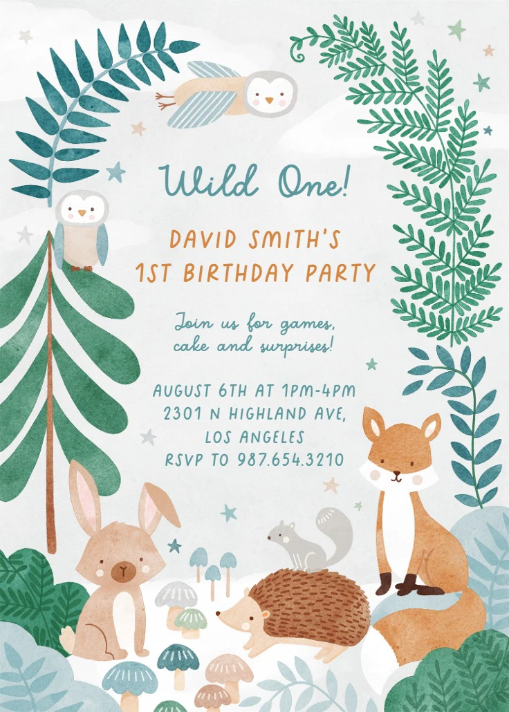 Woodland Animals - 1st Birthday Invitation Template | Greetings Island