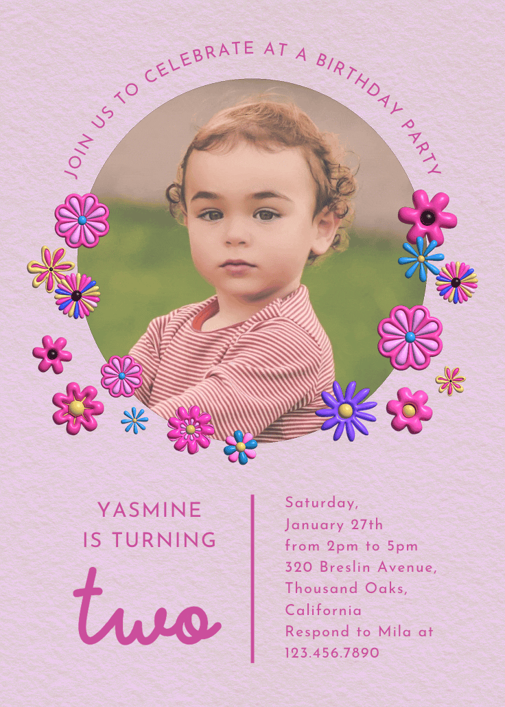 3D Blooms - 2nd Birthday Invitation Template | Greetings Island