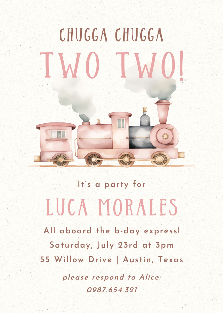 Watercolor Steam Engine - 2nd Birthday Invitation Template | Greetings ...