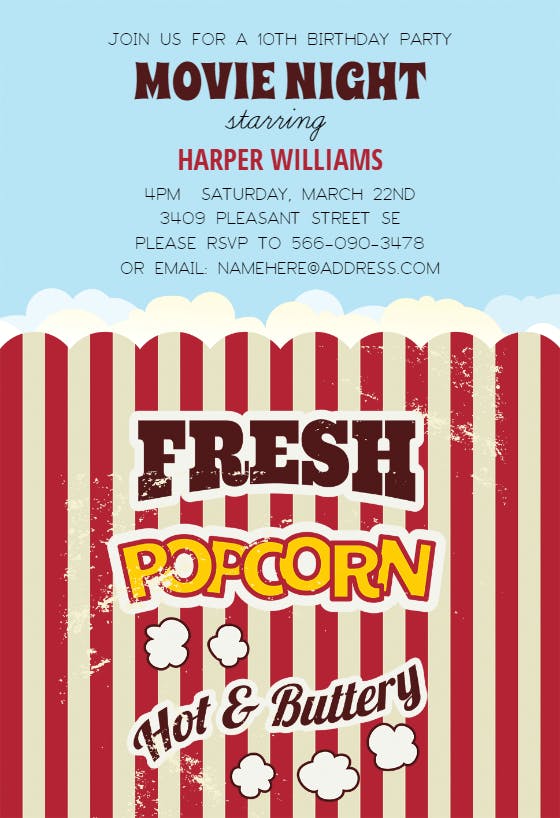 Popcorn - Birthday Invitation Template (Free) | Greetings Island