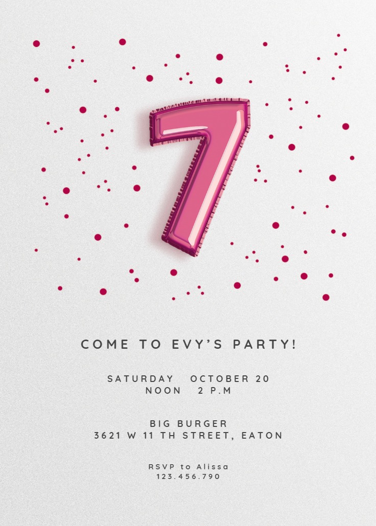 7th birthday Balloons - Birthday Invitation Template (Free) | Greetings ...