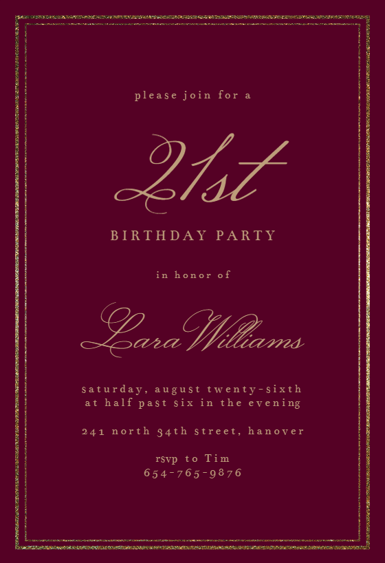Classy 21 - Birthday Invitation Template (Free) | Greetings Island