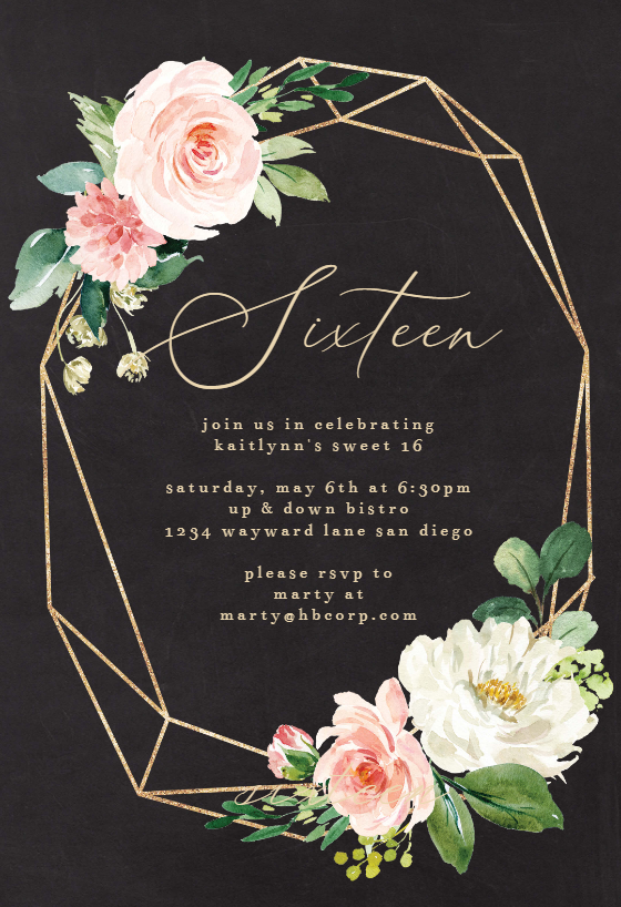 Floral Glitter Balloon Sweet 16 Invitation Template Greetings Island