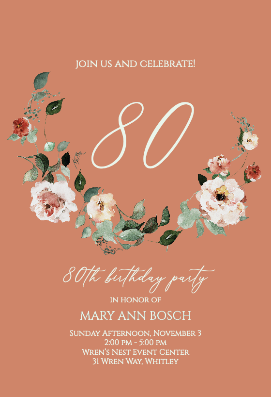 Floral wreath at 80 - Birthday Invitation Template | Greetings Island