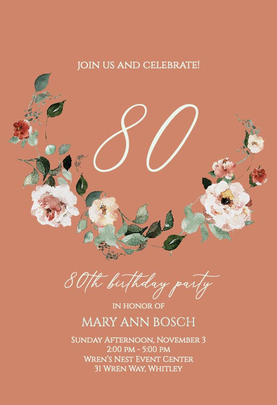 Floral Wreath At 80 Birthday Invitation Template Greetings Island
