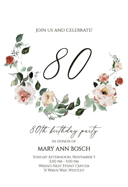 Floral Wreath At 80 Birthday Invitation Template Greetings Island