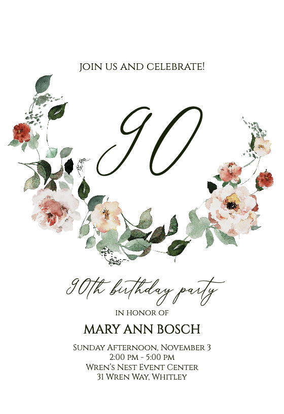 Floral wreath at 90 - Birthday Invitation Template | Greetings Island
