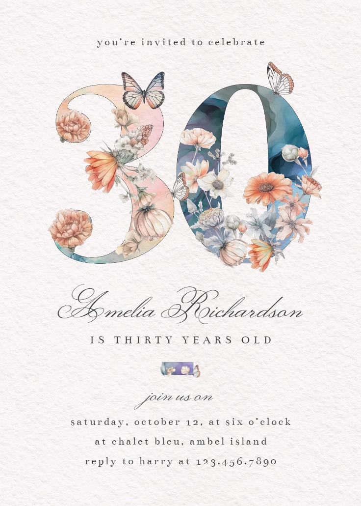 Fluttery Florals 30 - Birthday Invitation Template | Greetings Island