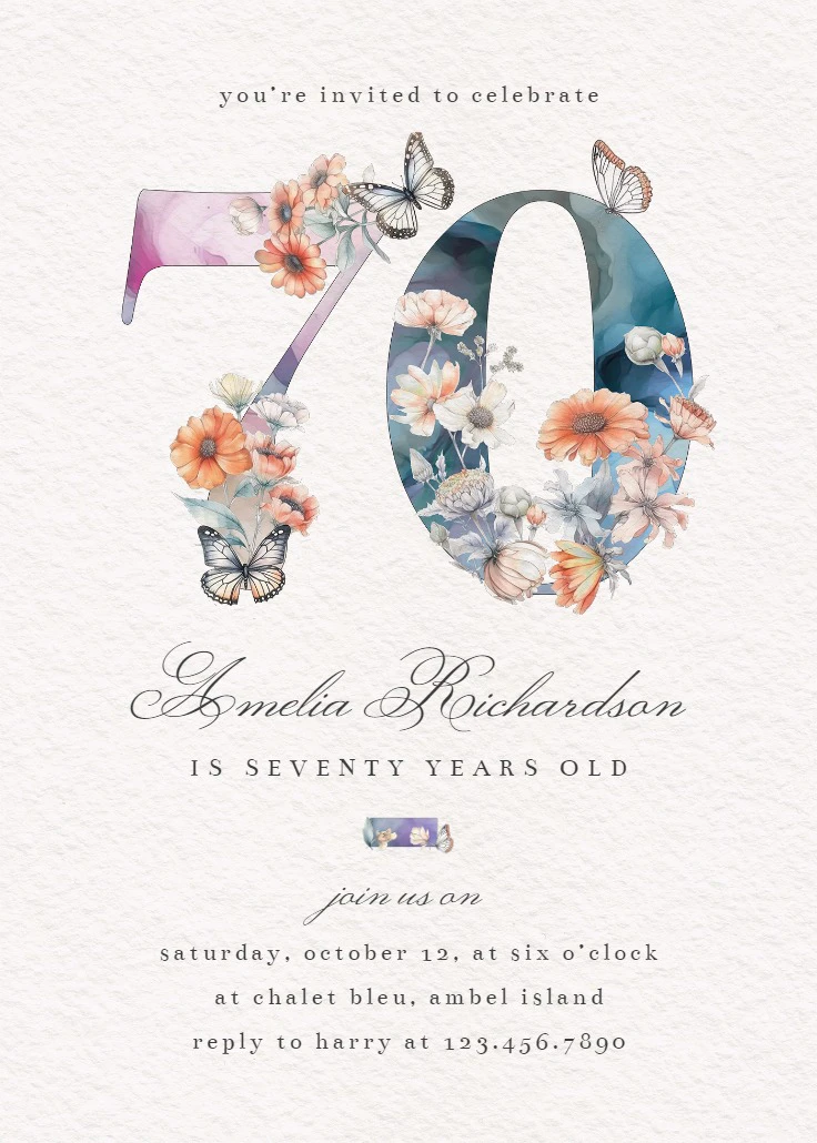 Fluttery Florals 70 - Birthday Invitation Template | Greetings Island