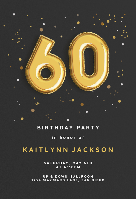 60th Foil balloons - Birthday Invitation Template (Free) | Greetings Island