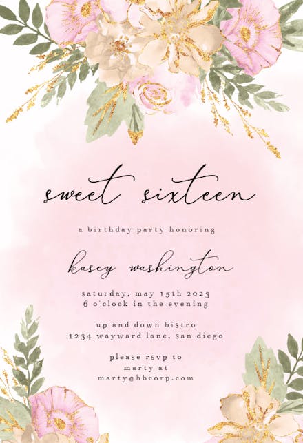 Floral Glitter Balloon Sweet 16 Invitation Template Greetings Island