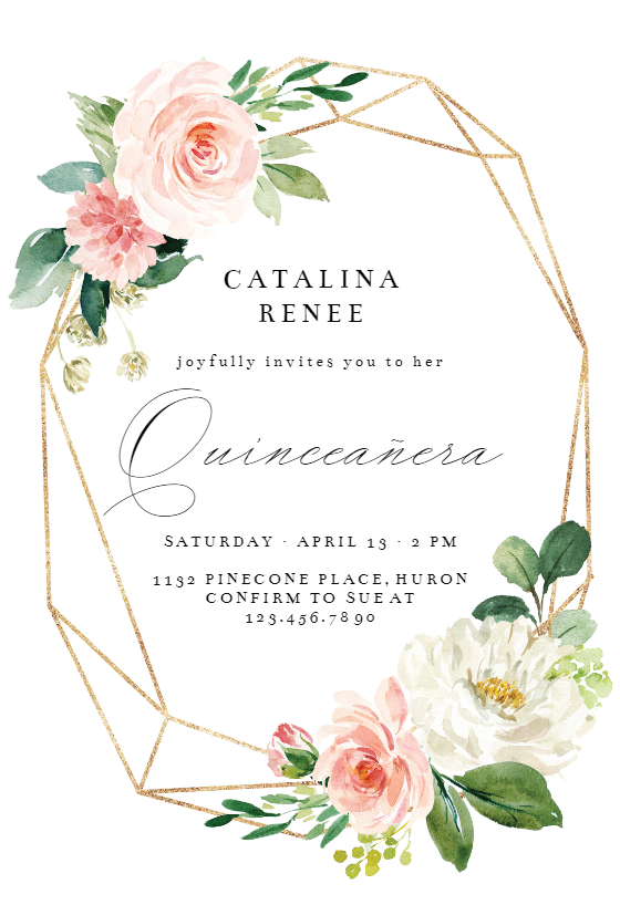 Floral polygon frame - Quinceañera Invitation Template | Greetings Island