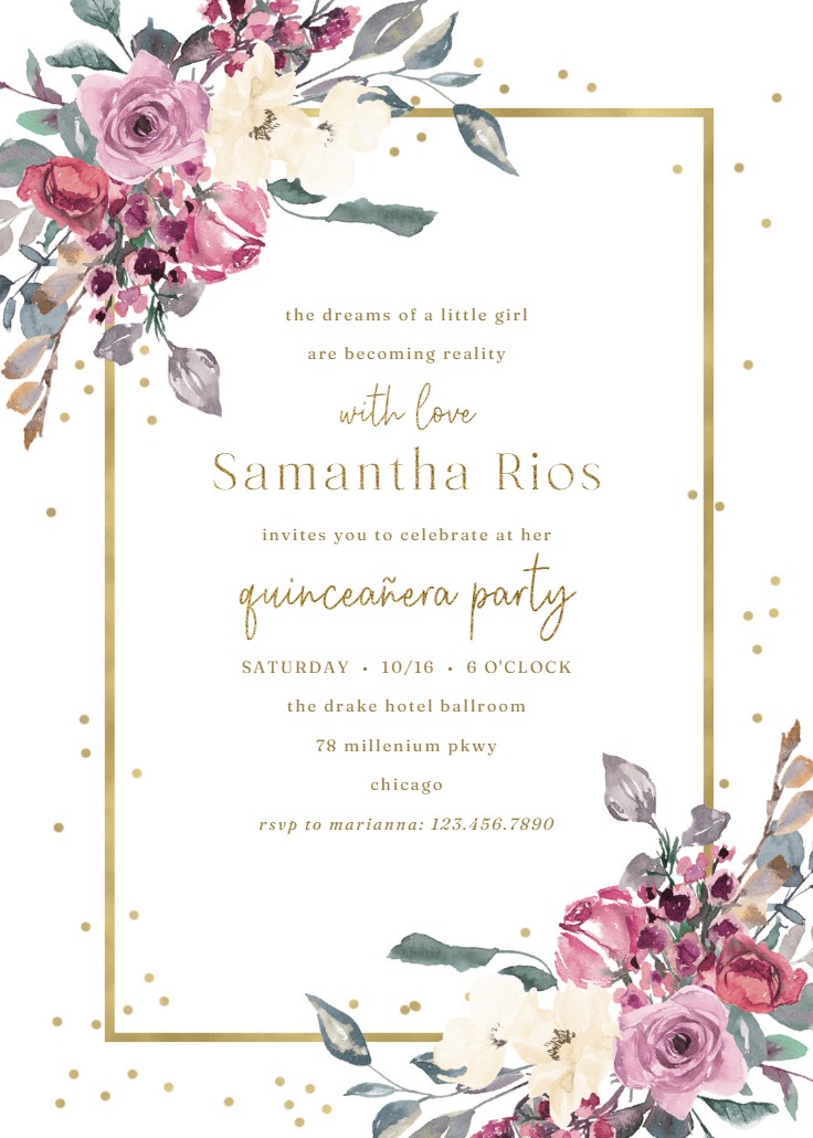 Watercolor pink and gold frame - Quinceañera Invitation Template (Free ...