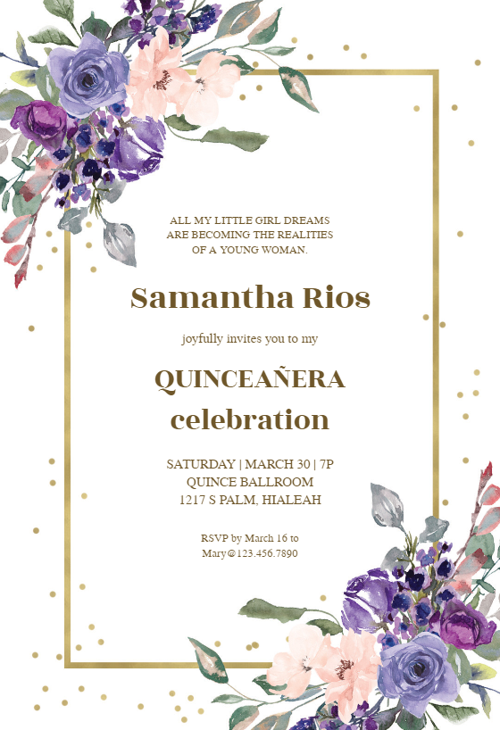 Flowers And Golden Frame - Quinceañera Invitation Template (Free ...