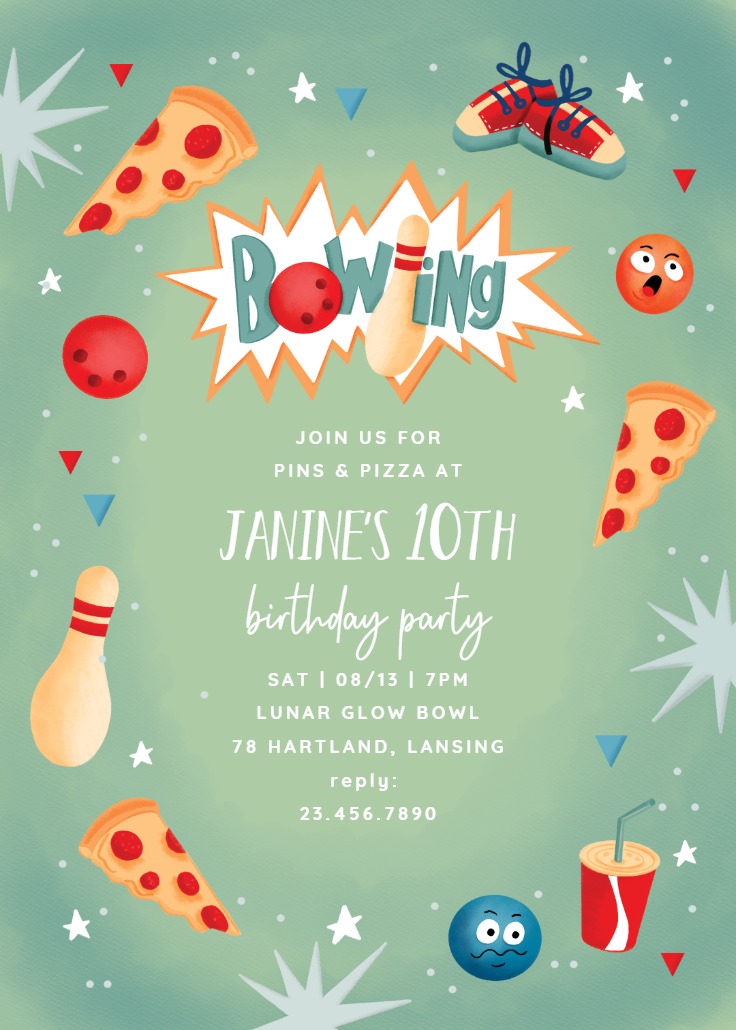 Bowling and pizza - Birthday Invitation Template | Greetings Island