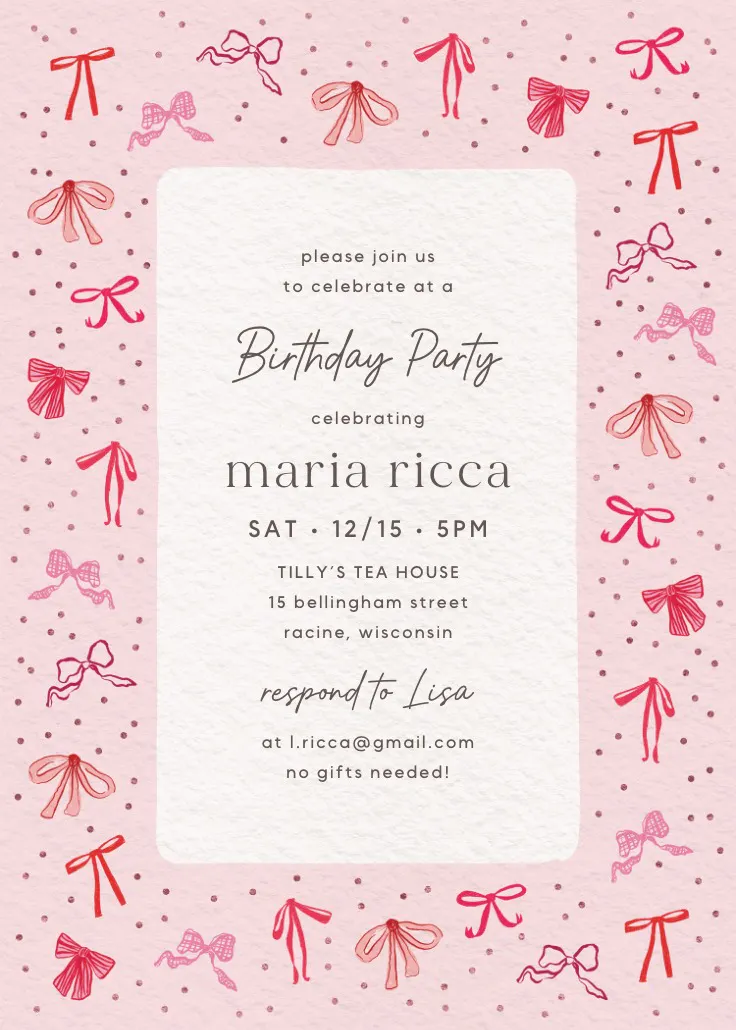 Coquette Bows - Birthday Invitation Template (Free) | Greetings Island