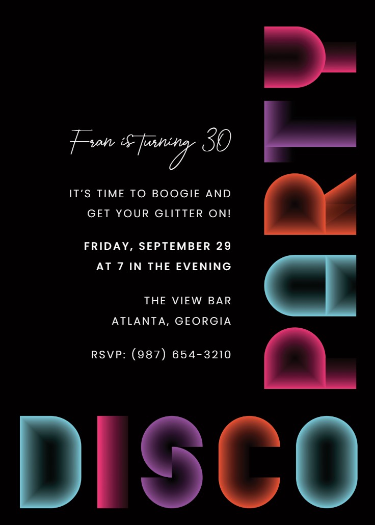 Disco Party Adults - Birthday Invitation Template (Free) | Greetings Island
