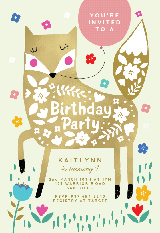 Gold Fox - Birthday Invitation Template (Free) | Greetings Island
