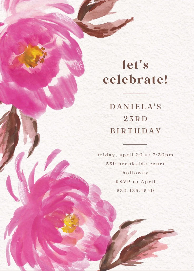 Painted Peonies - Birthday Invitation Template | Greetings Island