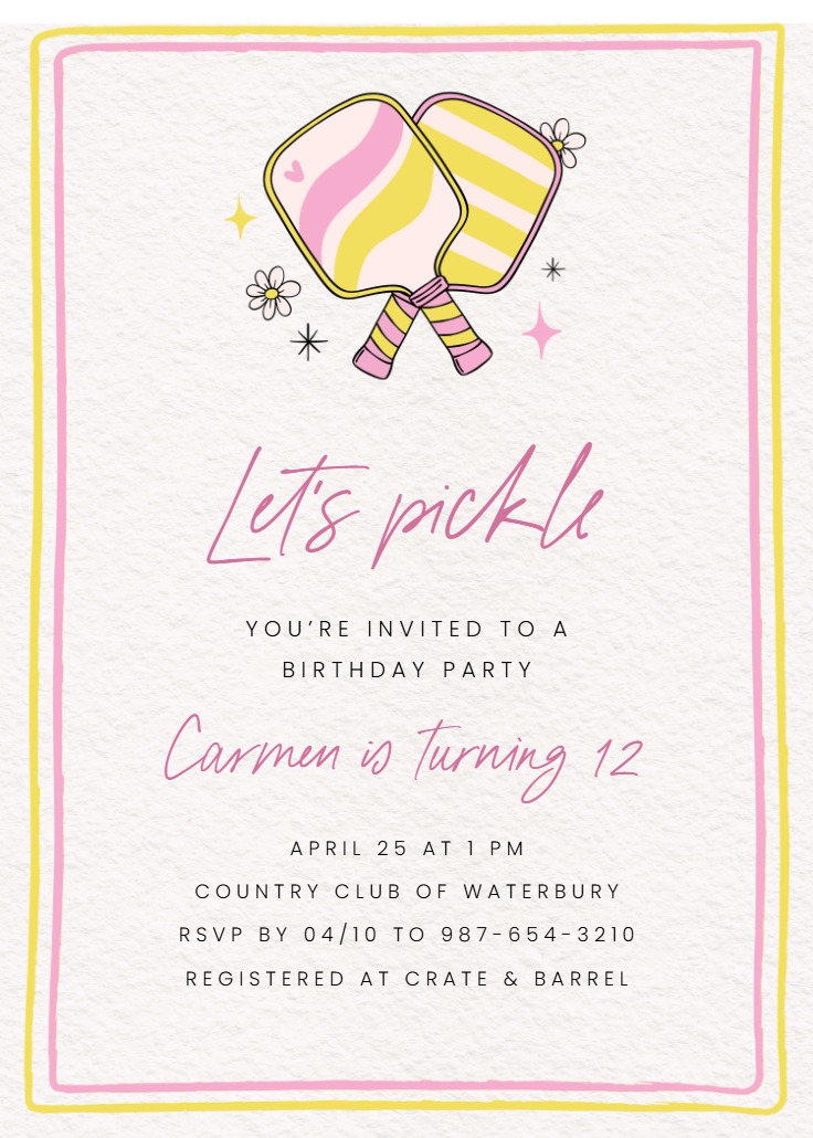 Pickleball party - Birthday Invitation Template (Free) | Greetings Island