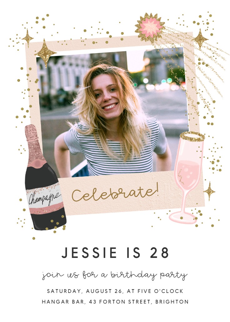 Polaroid Champagne - Invitación De Cumpleaños | Greetings Island