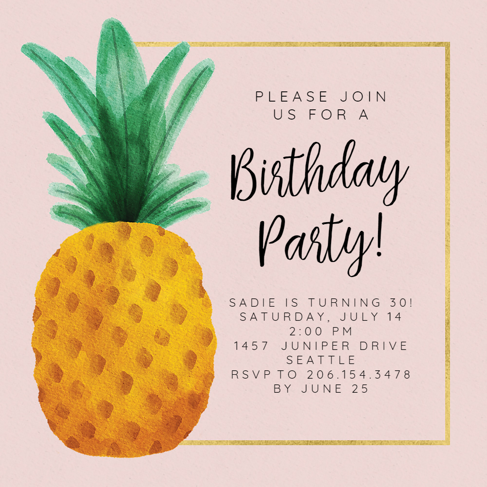 Watercolor pineapple - Birthday Invitation Template (Free) | Greetings ...
