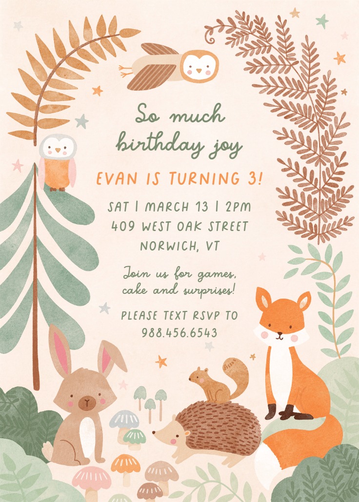 Woodland Animals - Birthday Invitation Template | Greetings Island