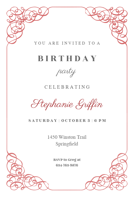 Calligraphy Frame - Birthday Invitation Template (Free) | Greetings Island