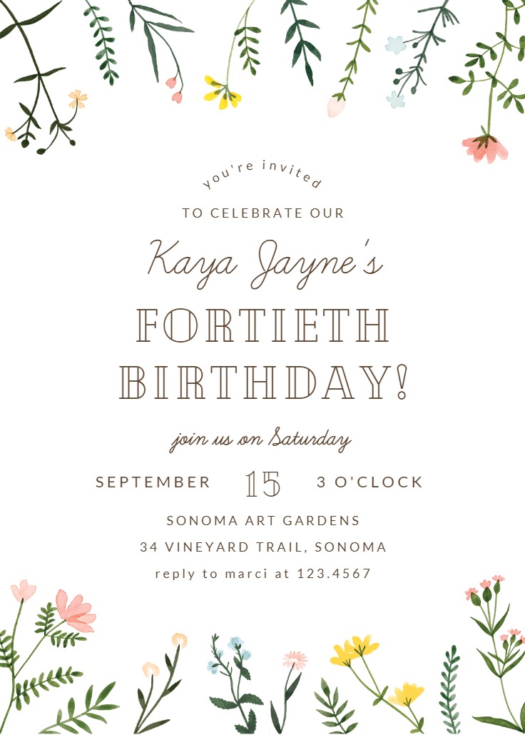 Wildflower Watercolor Border - Birthday Invitation Template | Greetings ...